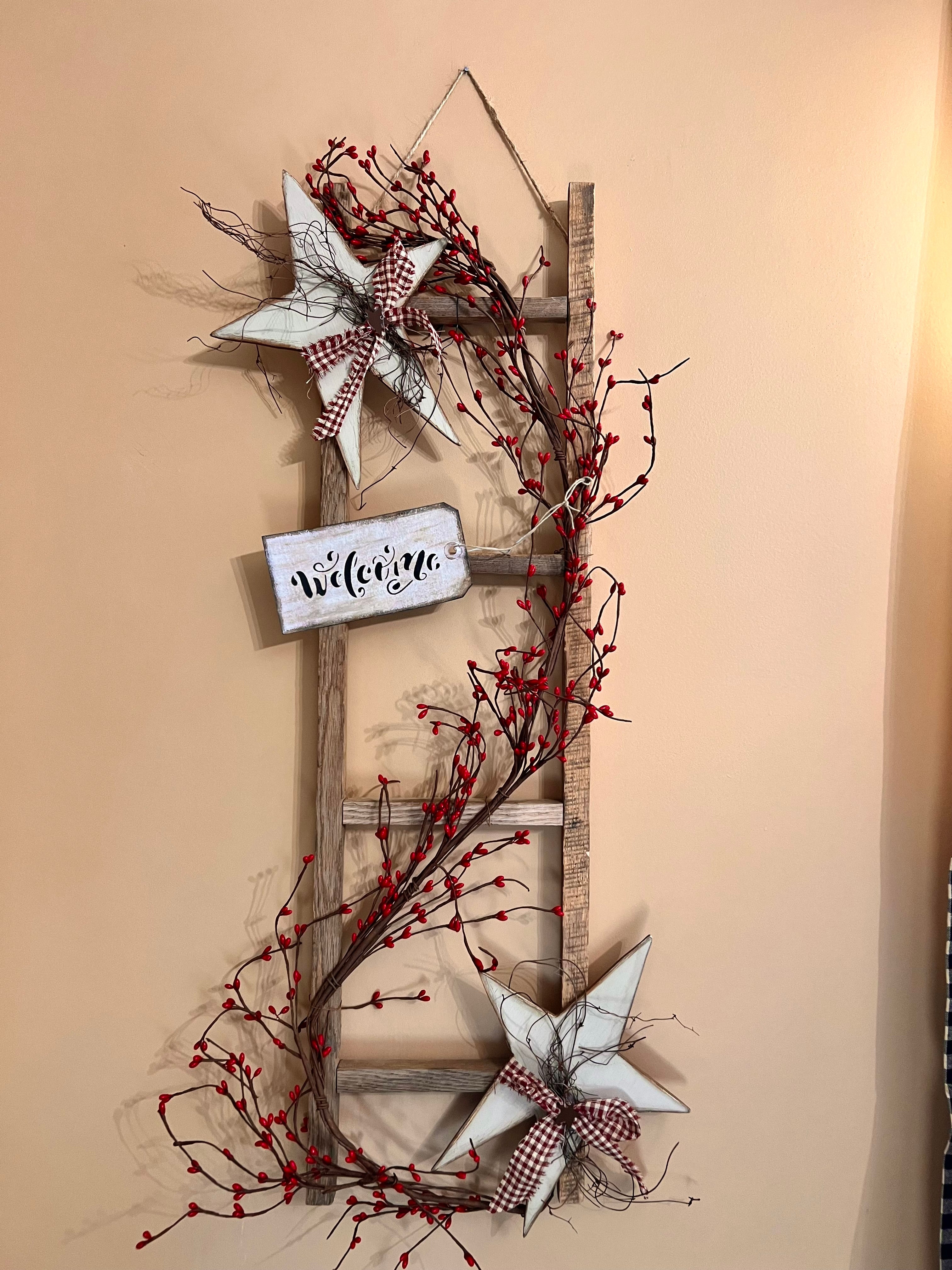 Primitive authentic Tobacco Ladder with cream stars welcome sign and r ...